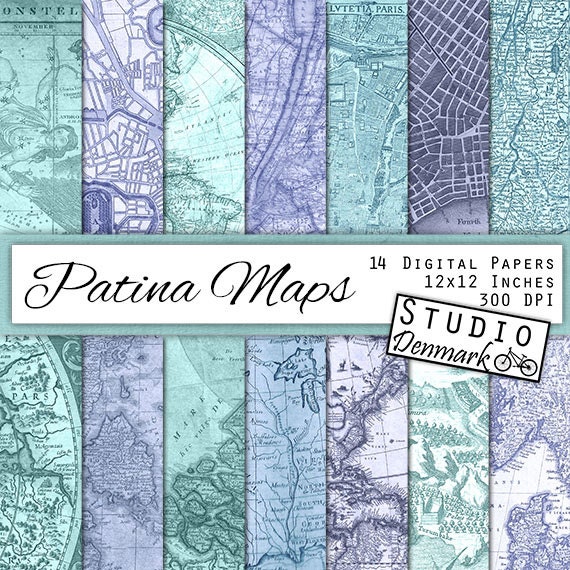 Patina Maps Digital Paper – 14 Antique Blue / Green Maps – Aged Teal ...