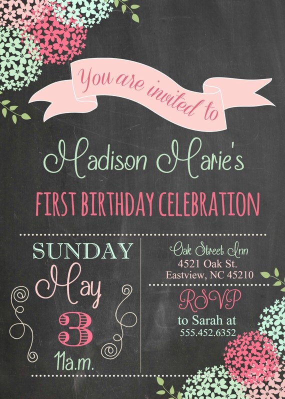Chalkboard Shabby Chic Birthday Invite Girls Birthday