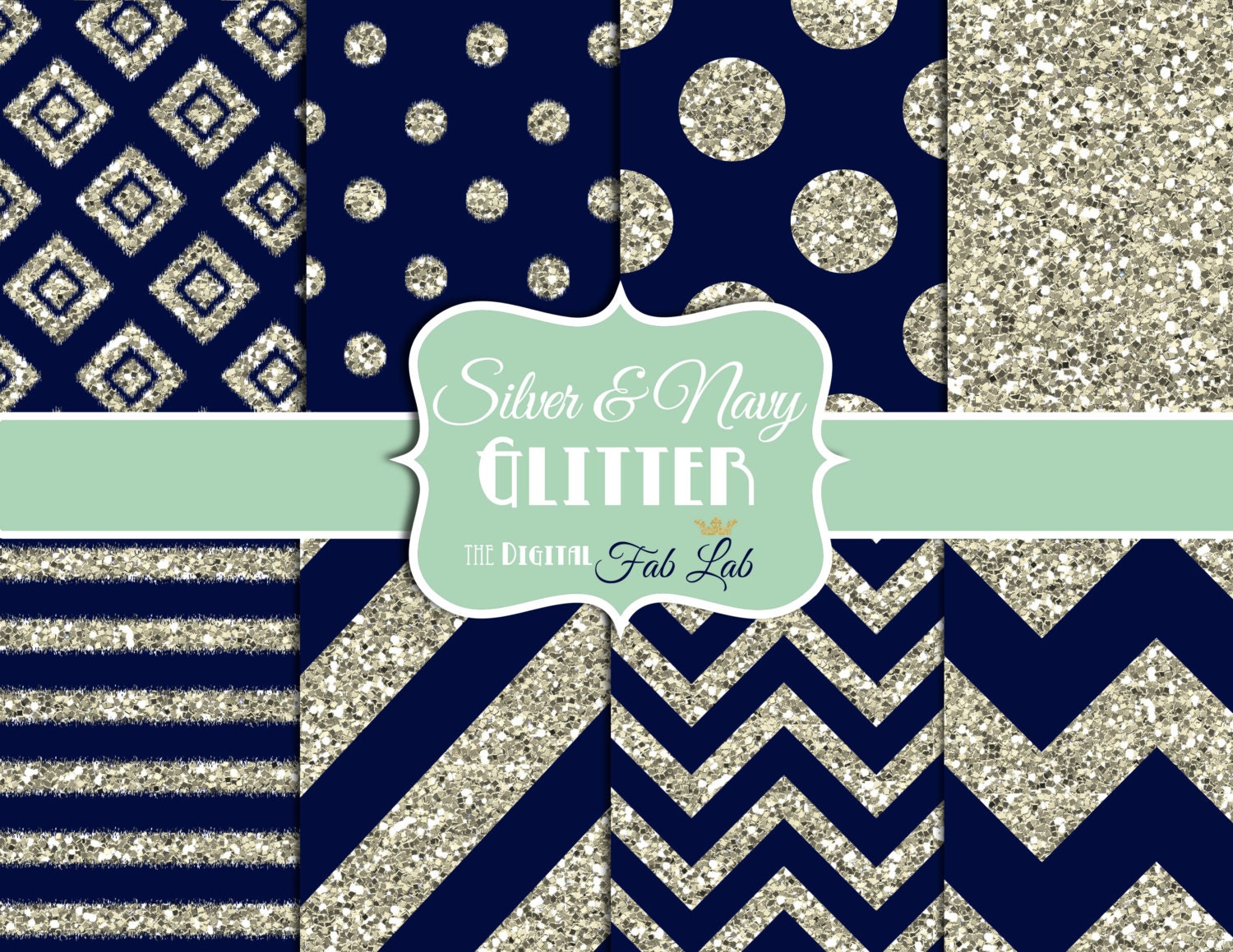 Navy and Silver Glitter Chevron Stripes Polka Dots