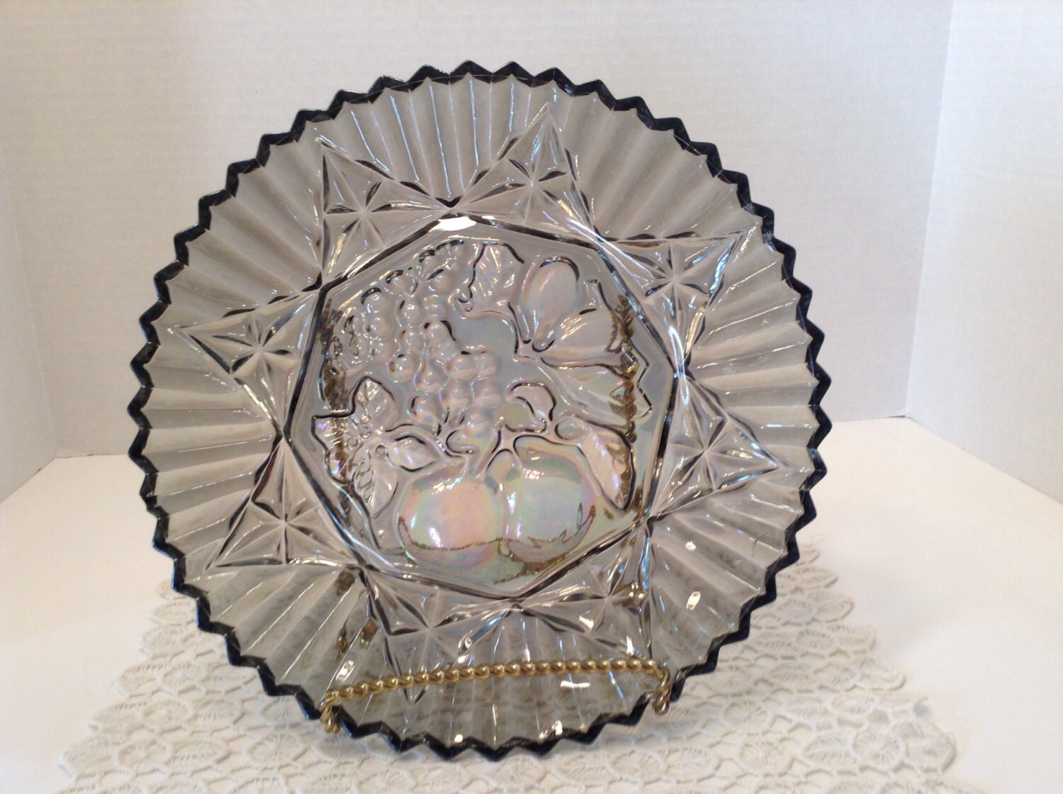 Vintage Carnival Glass Platter Smokey Blue Topaz Federal Glass Embossed ...