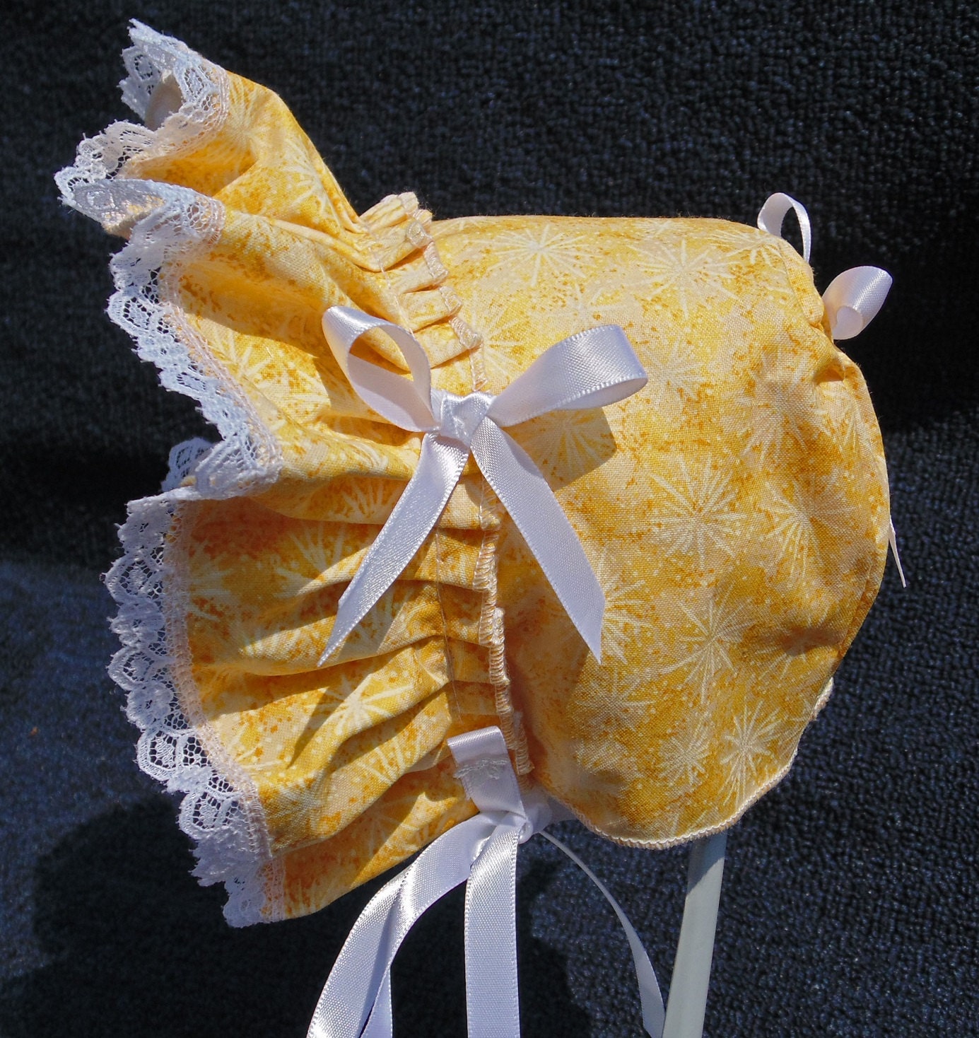 New Handmade Yellow Summer Bonnet with 3/8 White Satin