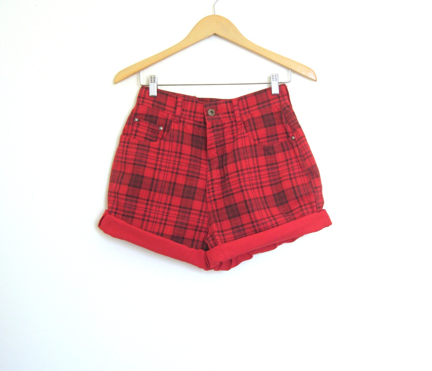 90s Red Tartan Plaid Shorts UNION BAY High Waist Cuffed Preppy