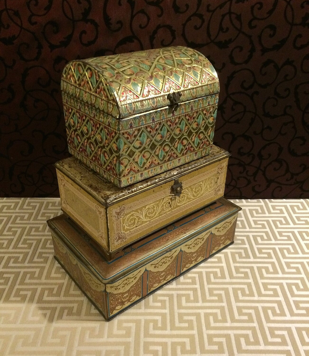 Stunning Group of Three Vintage Tin Boxes with Golden Hues, Muted ...