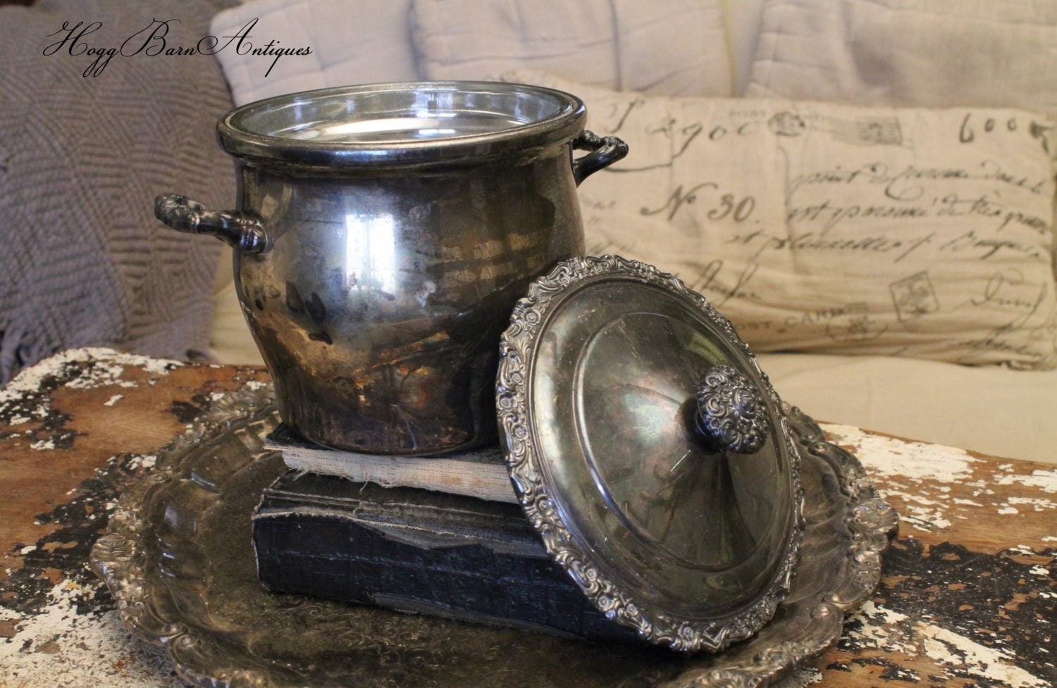 Antique Vintage Silver Ice Bucket Pot Container Handles French Country ...