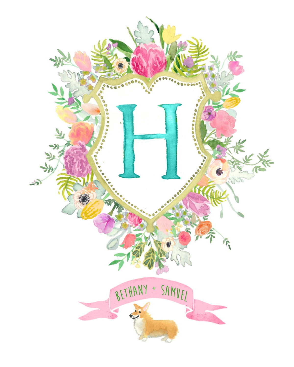 Hand Drawn Custom Floral Crest Monogram flowers ferns