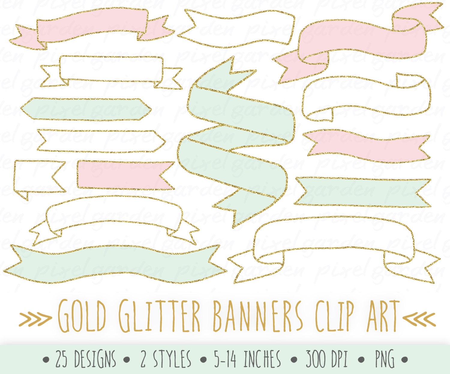 Gold Glitter Banners Clip Art. Hand Drawn Ribbon Banners.