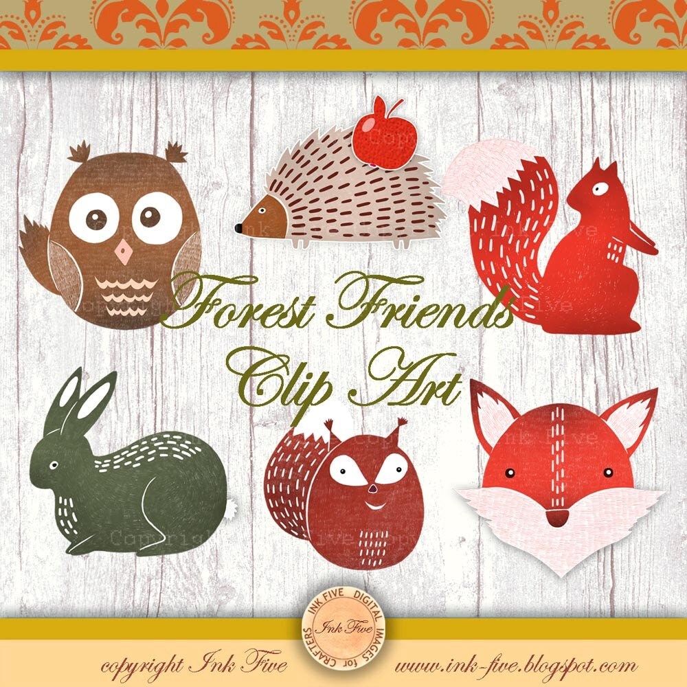 Forest Friends clip art. Hand drawn clipart images for by InkFive