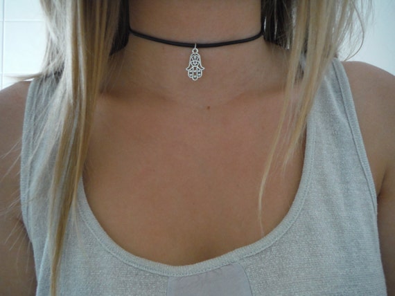 Hamsa Choker Necklace. Hamsa Hand Choker. Black Leather Choker