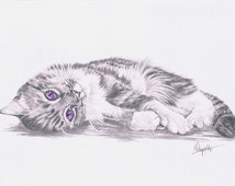 original graphite pencil drawing, cat, feline, cat laying down, tabby cat