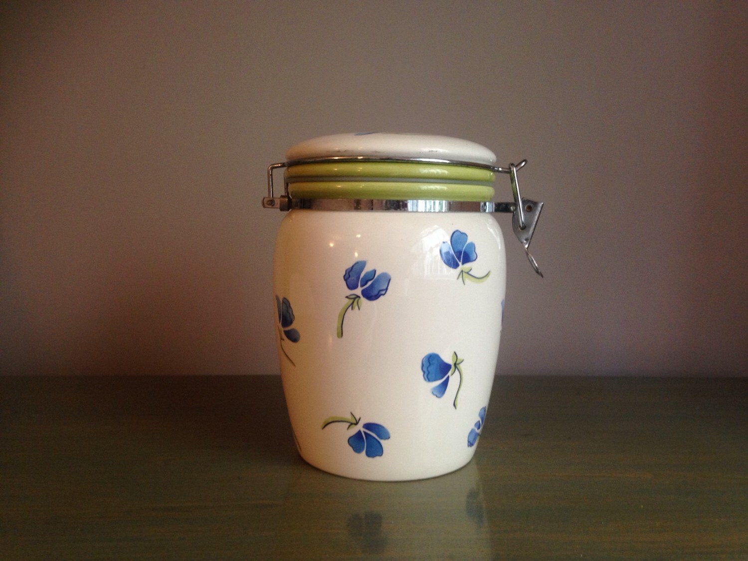Vintage White and Blue Cookie Jar with Latch and Cover, Blue Flower ...