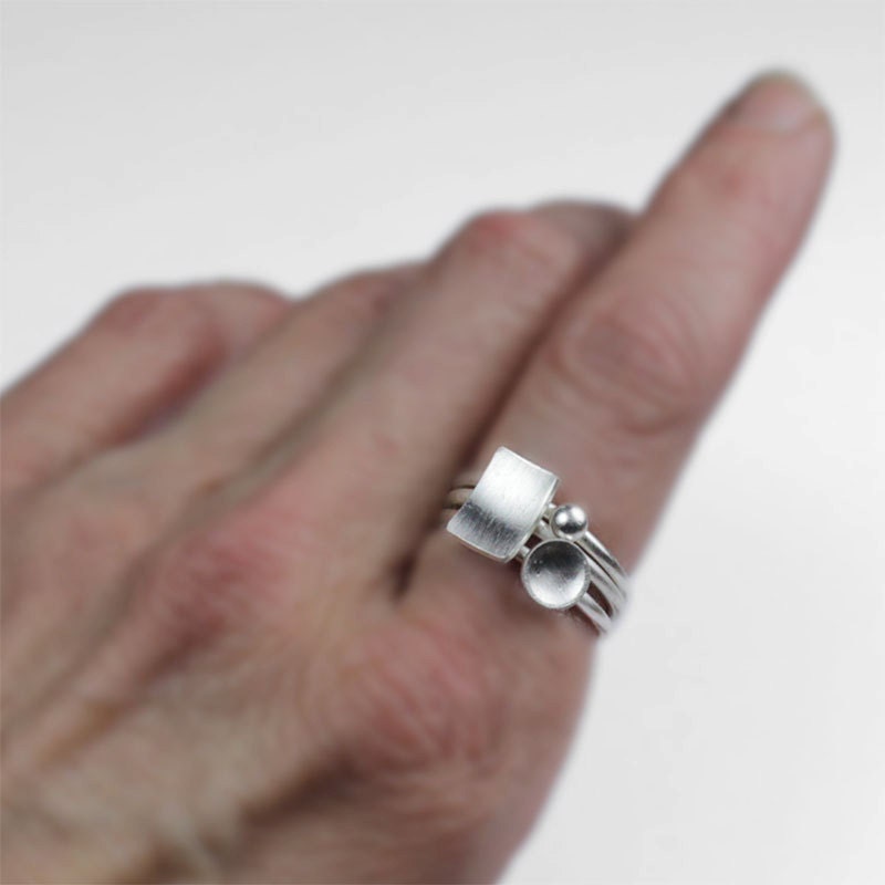 Silver Stacking Rings with Geometric Shapes by bespokenjewelry