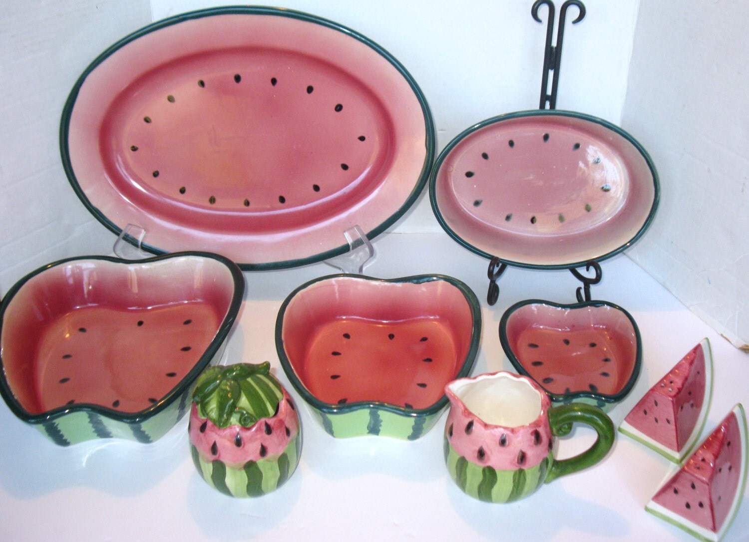 Vintage Art Pottery WATERMELON Stacking Serving Bowls, Platter, Salt ...