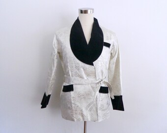 Vintage Smoking Jacket ... 1970s Belted Jacket ... Metallic Silver ...