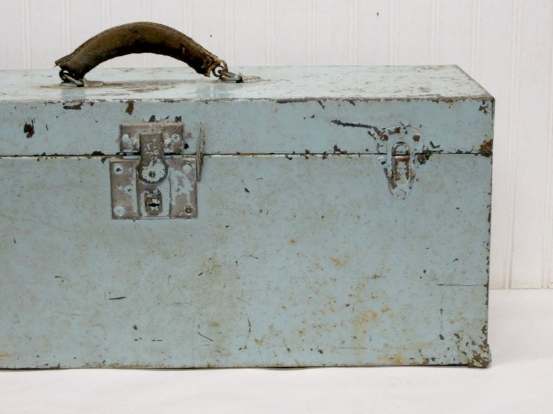 Vintage Large Chippy Rusty Turquoise Metal Tool Box Industrial Storage ...