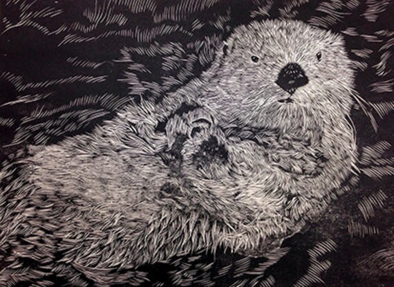 California Sea Otter woodblock print