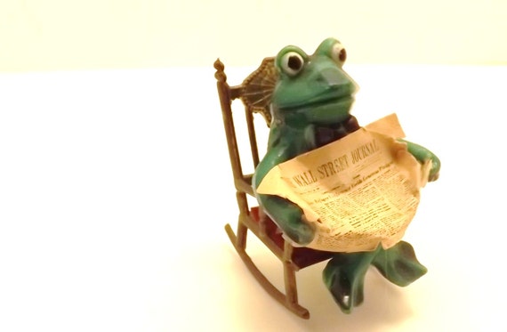 miniature green frog in metal rocking chair by LaVintageByMissPJ55