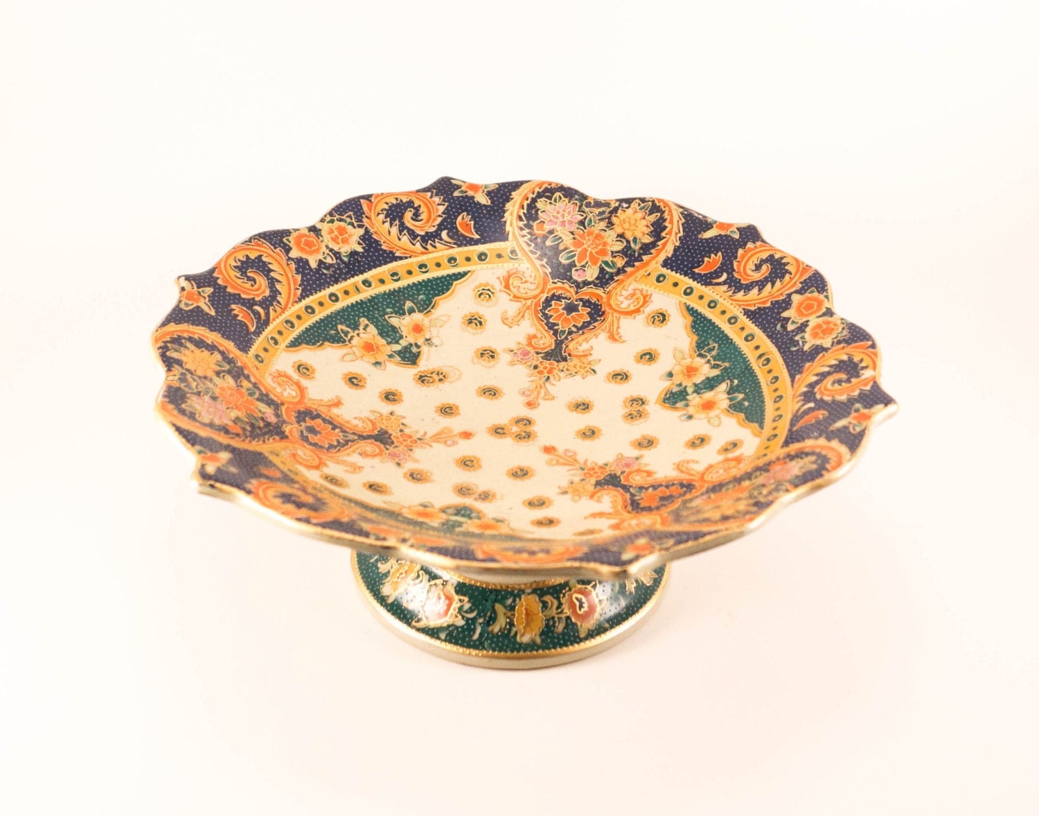 Vintage Enamel Pedestal Dish Ornate Floral Design Gold Detail Large ...