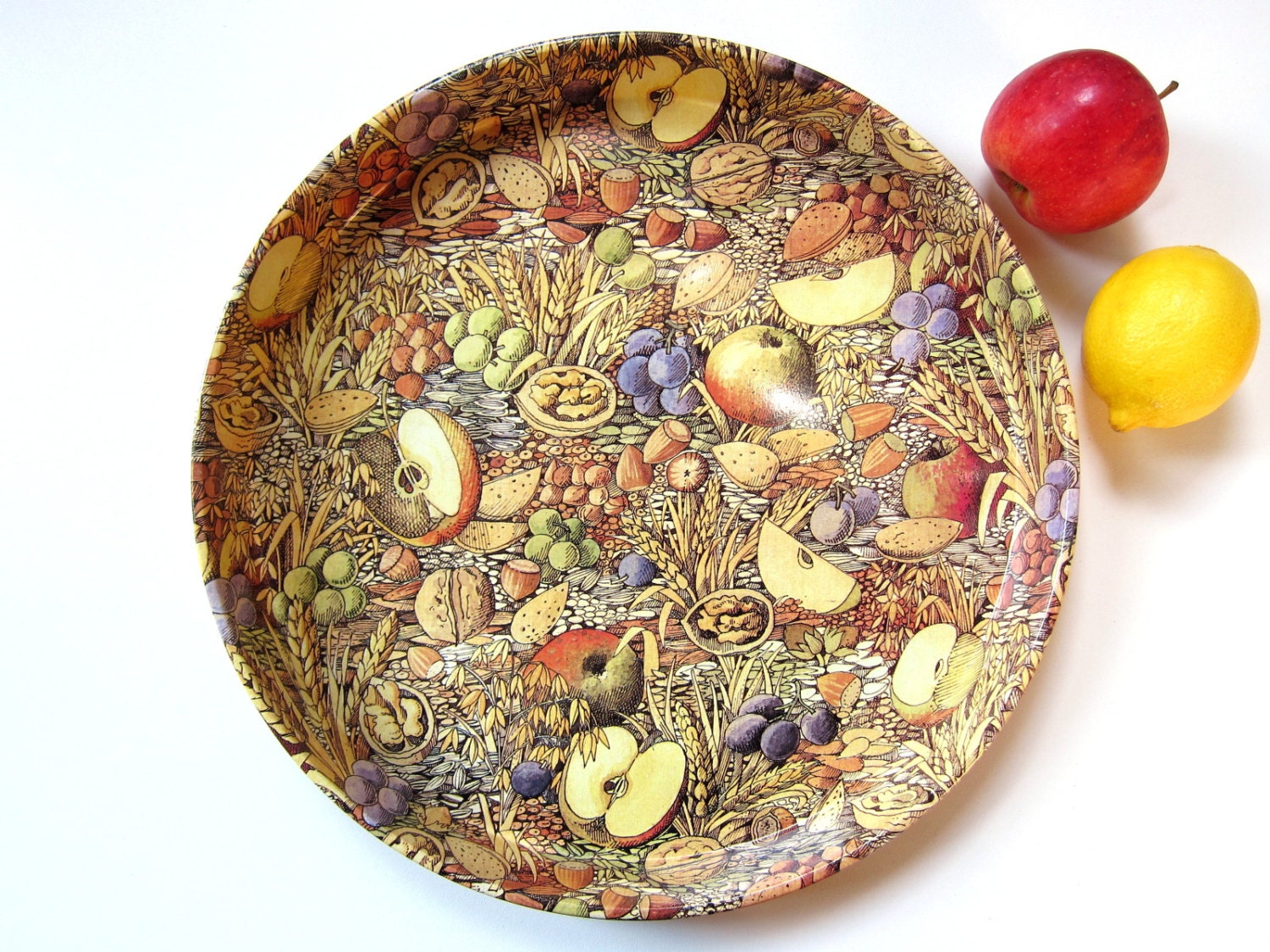 Vintage Pat Albeck tray, autumn harvest, apples, nuts, grapes, J. Luber ...
