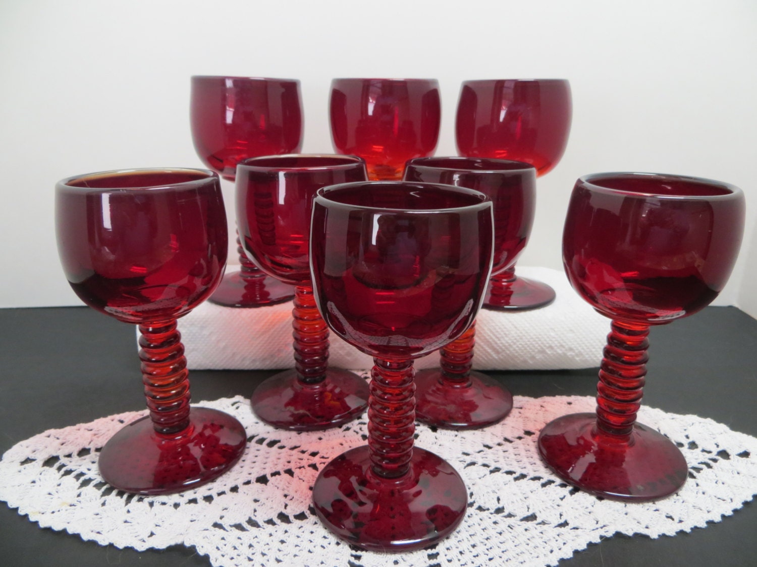 8 Ruby Red Art Deco Wine Glasses