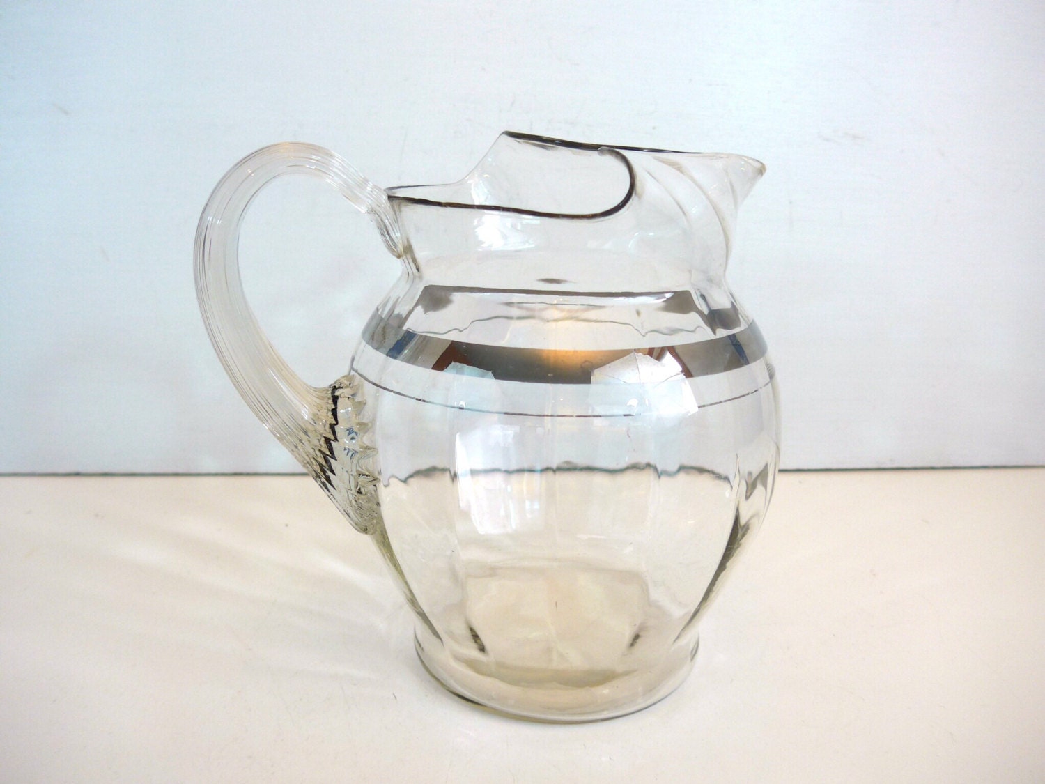 Vintage Mid Century Silver Band Ribbed Pitcher Hand Blown Glass - Mid ...
