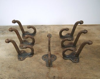 Vintage Iron Metal Wall Hooks Rusty Industrial Rustic Set of 7