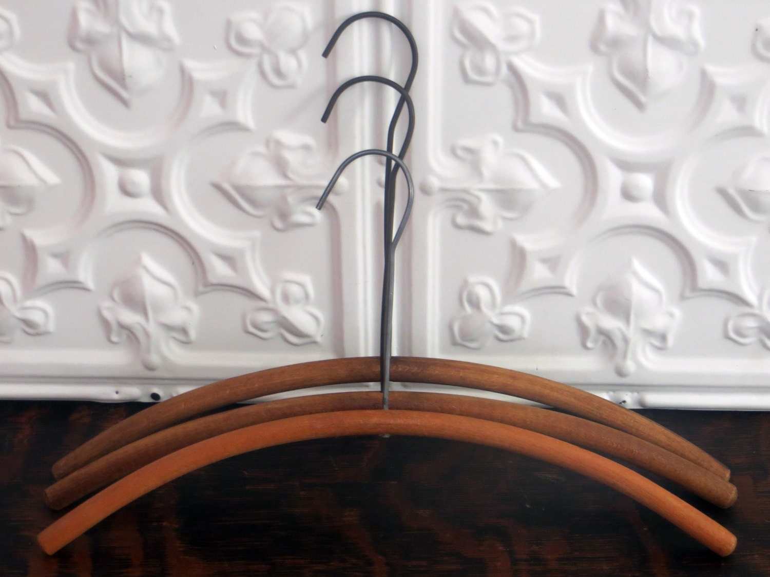 3 vintage wood hangers ~ rounded wood hangers ~ wood and metal hangers ...