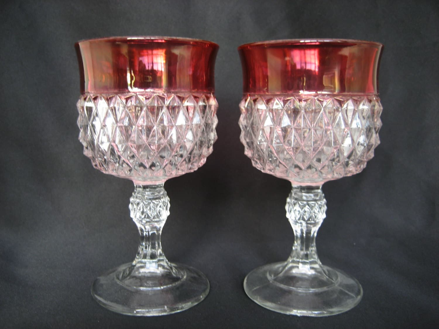 Vintage Set Cranberry Indiana Glass Wine Goblets Diamond Point