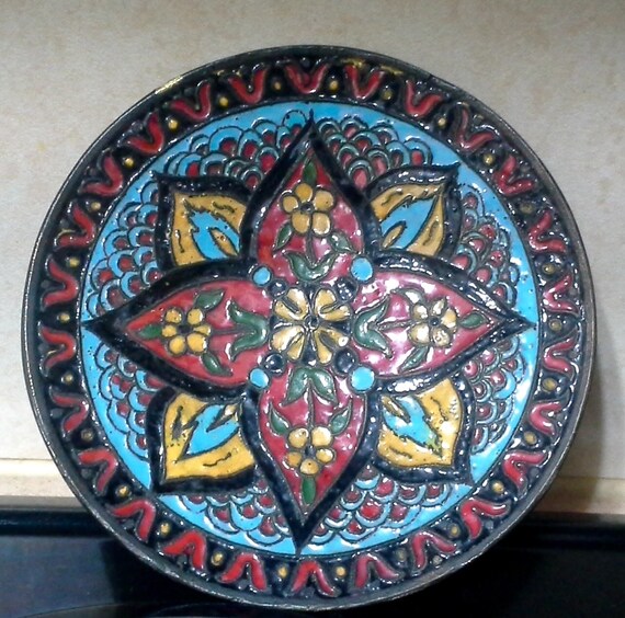 Middle Eastern Brass Enamel Mosaic Aztec Wall Hanging Ethnic