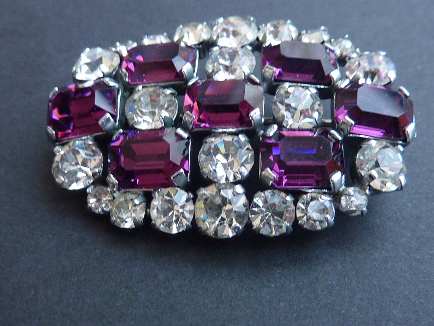 Brooch With Purple and Clear Rhinestones. by MaryEllensAttic