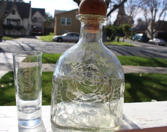 Hand Etched Patrón Bottle & 4 Shot Glasses
