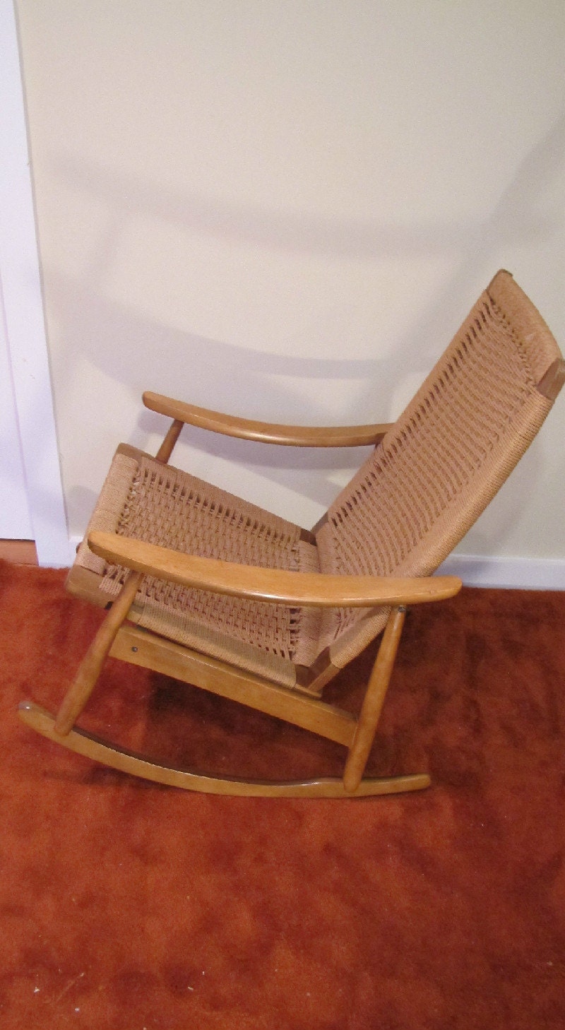 Mid Century Modern Hans Wegner Style Woven Rope Cord Rocking Chair ...