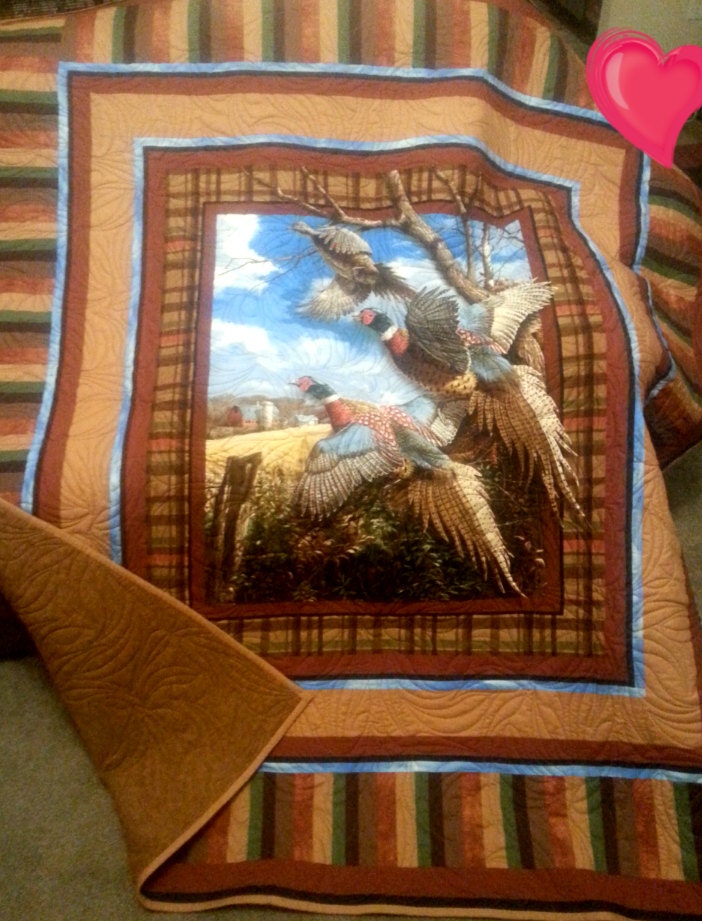 Handmade Pheasant panel quilt. Vibrant colors of the nature