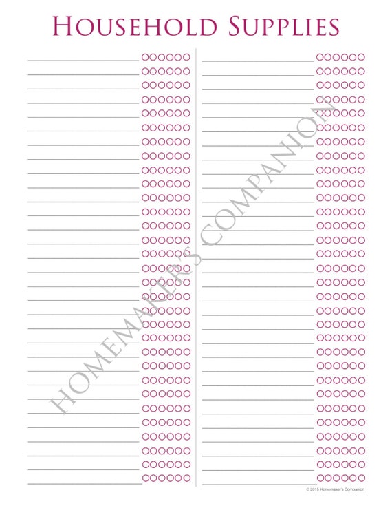 Printable Household Items List