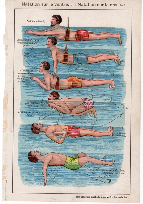 1902 swimming print original antique pool swim stroke