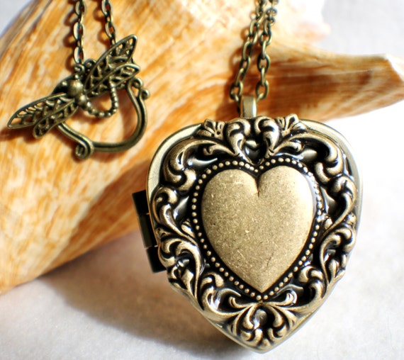 Music box locket, heart locket with music box inside, in bronze with ...
