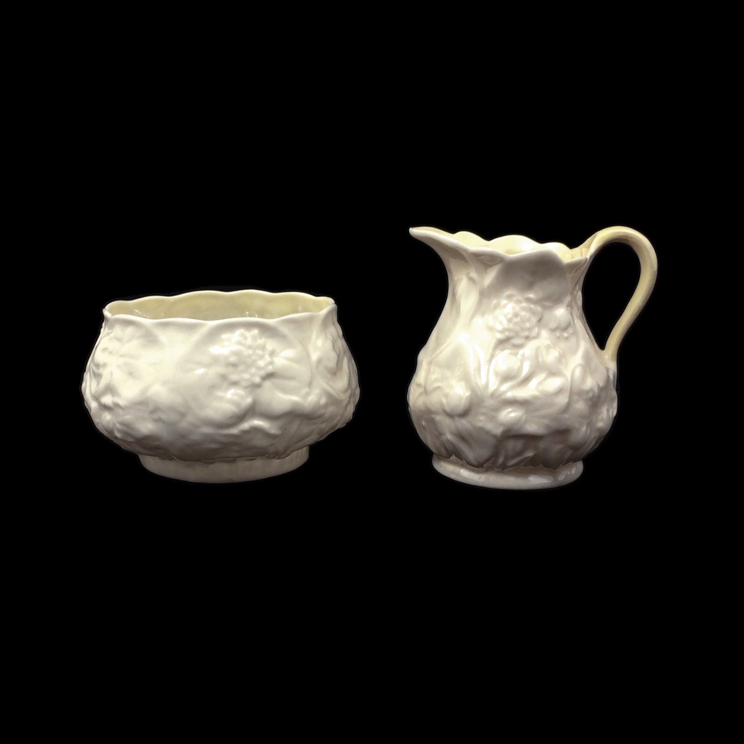 Vintage Belleek Lotus Sugar & Creamer Set with Third Black Mark, ca ...