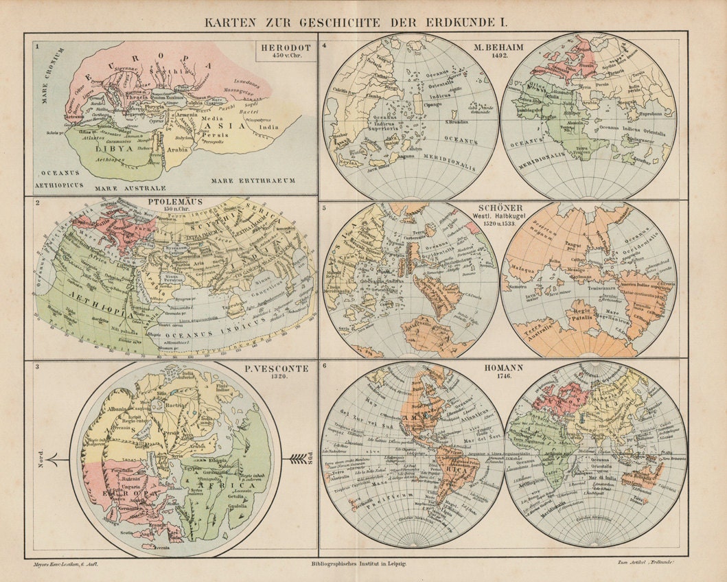 1890 Old world map. Evolution of the Earth's surface