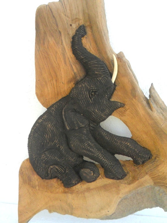 Natural Teak Wood Carving Sitting Elephant Art by WoodCarvingArt