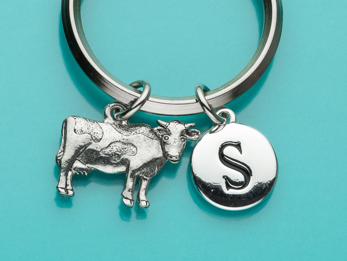 Cow Keychain Cow Key Ring Farm Animal Keyring Initial