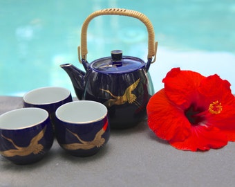 Vintage Cobalt Blue Japanese Tea Set with Gold Hand Painted Crane and ...
