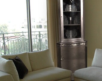 Elegant charcoal and silver glass display corner unit