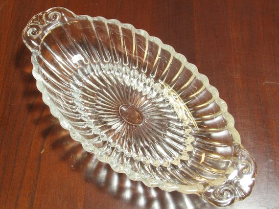 Antique Crystal Relish Dish Small Oval Ribbed Glass