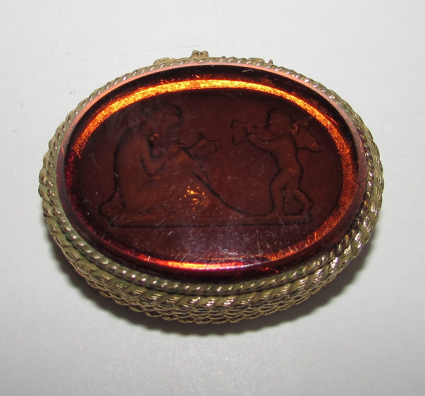 Vintage Italian Solid Perfume Pill Box, Reverse Embossed Amber Glass ...