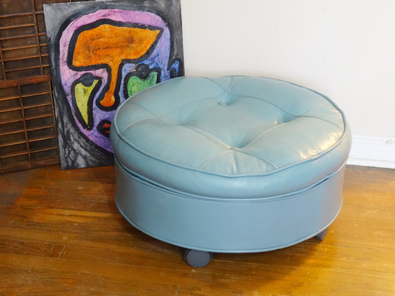 Vintage Round Pillow Top Ottoman Tufted Blue Hassock with Wheels ...