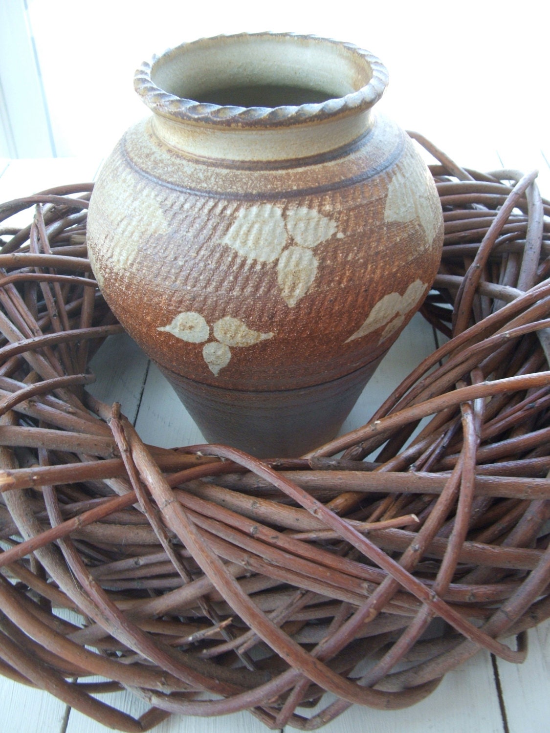 Handmade Vintage Art Pottery Vase Brown with Leaf Pattern