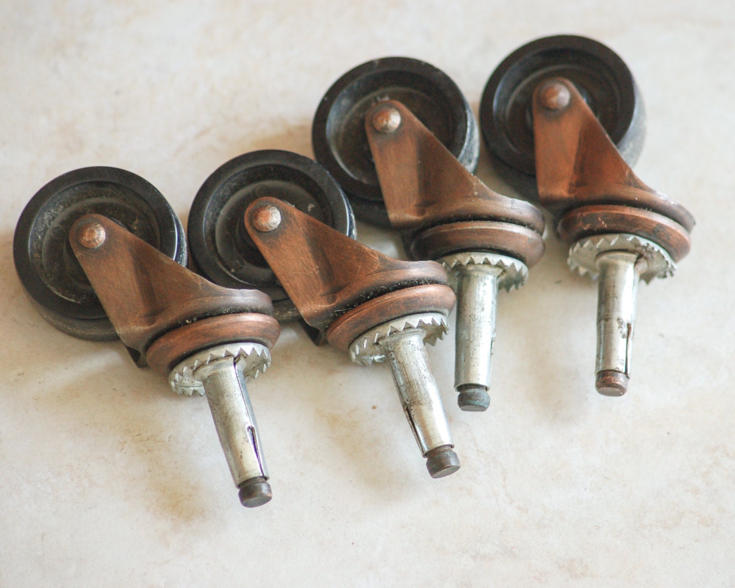 4 Vintage Copper Metal Revolving Ball Bearing Wheels Casters 1.6″ Wheel ...