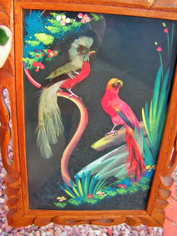 Mexican Feather Art Bird Framed Painting Collage Mixed Media