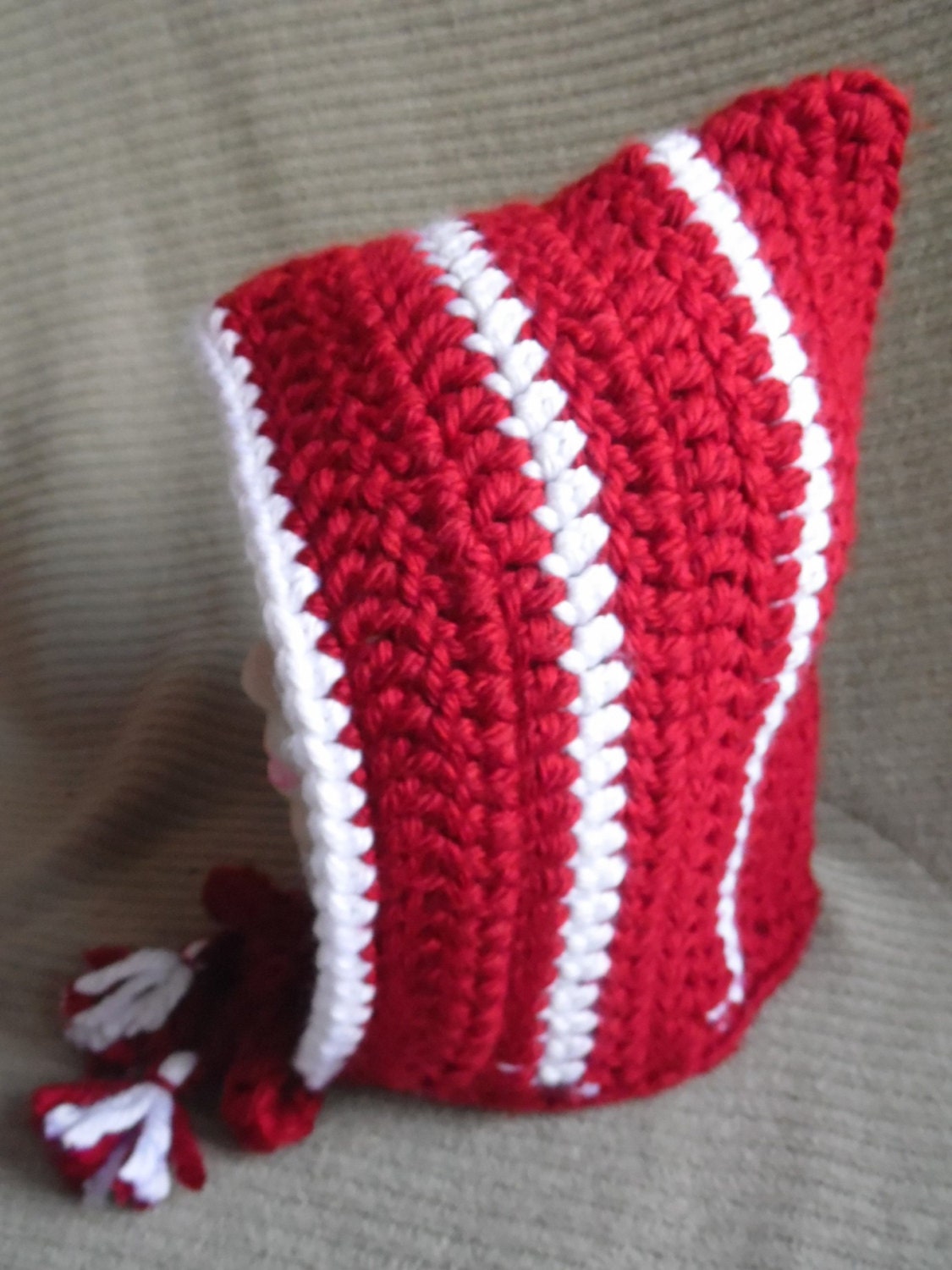 Elf Hood Pixie Hat Red and White Hometown Hood by SamsCrochet