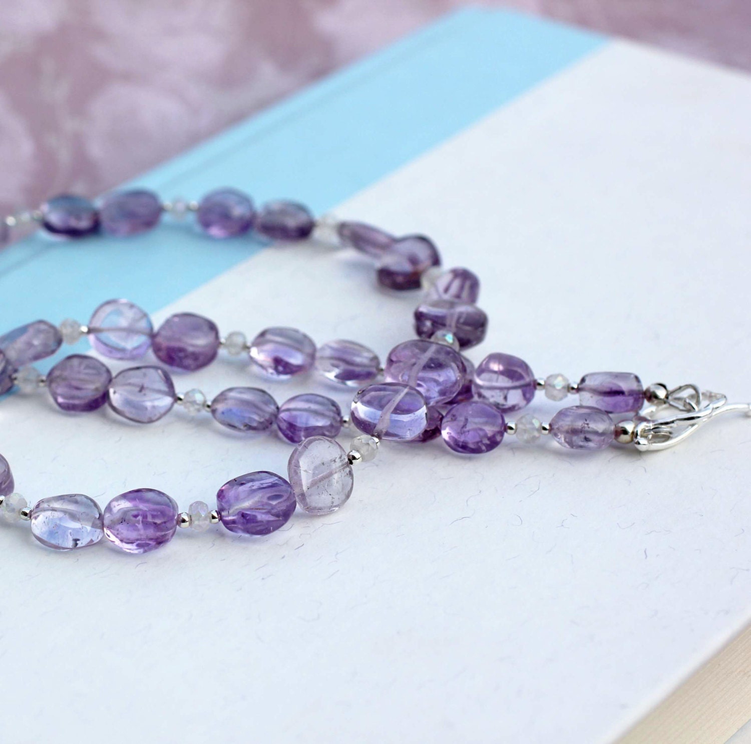 Smooth Amethyst Gemstone Necklace with Faceted AB Crystal