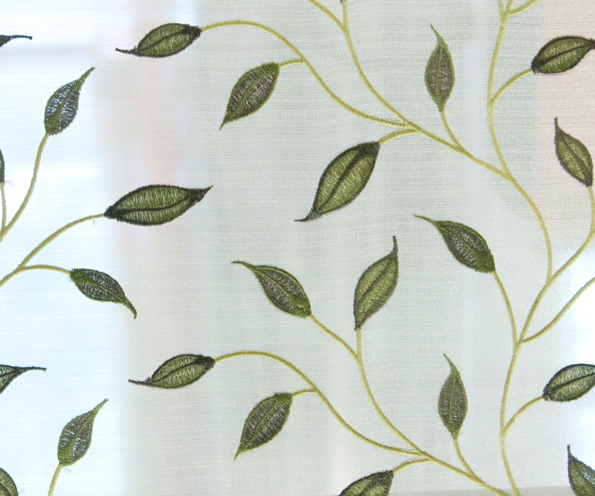 Fawn Green Leaves Embroidery Sheer 124 cm Curtain Fabric By